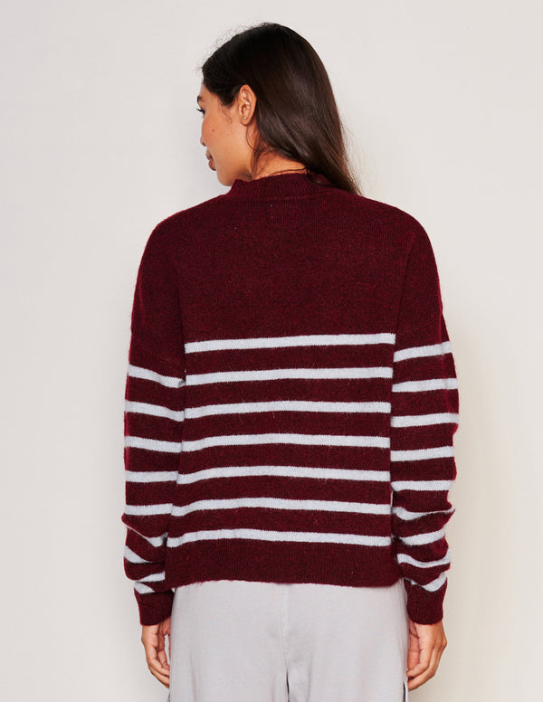 Sundry Stripes Mock Neck Cozy Sweater in Bordeaux