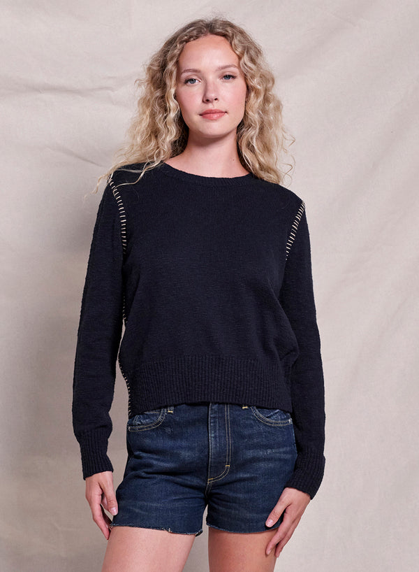 Sundry Baseball Stitch Cotton Slub Crew Sweater in Deep Navy